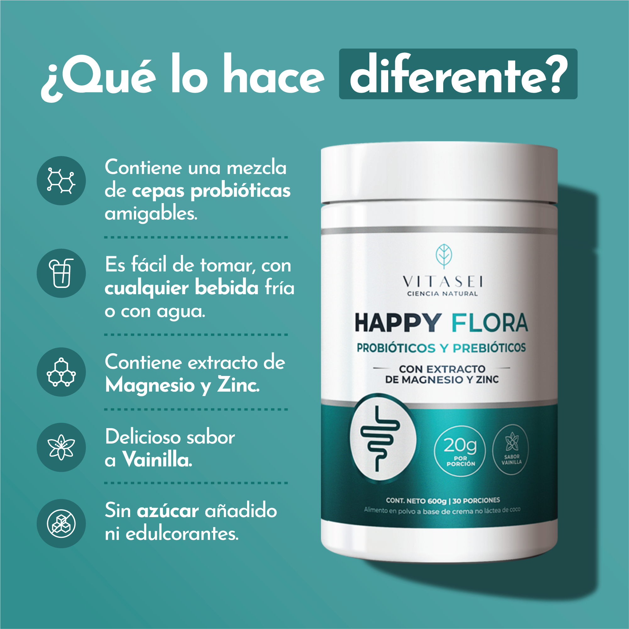 HAPPY FLORA – FÓRMULA INTEGRAL DE PROBIÓTICOS Y PREBIÓTICOS CON MAGNES – Vitasei Col